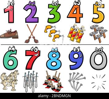 Cartoon illustration of numbers set from one to nine with woodland ...