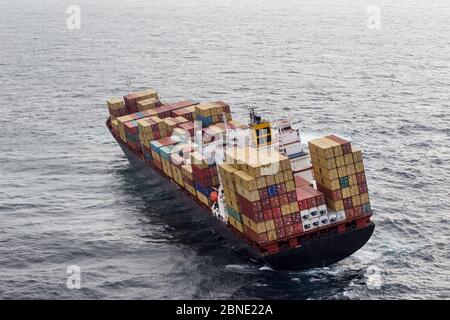 Container ship, MV Rena, approximately 14 hours after becoming grounded ...