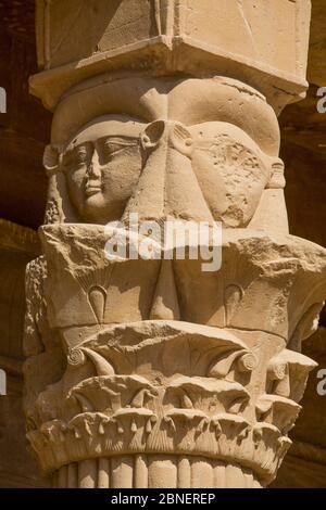 Columns of Hathor head goddess in Philae Temple (near Aswan, Egypt ...