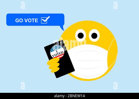 emoji with face mask, phone and I Voted pin, USA elections Stock Photo ...
