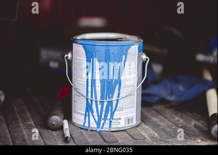 Blue paint on canvas surface close up view Stock Photo - Alamy