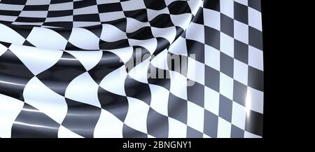 Wavy checkered flag under the lights isolated on a black background ...