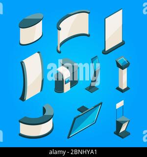 Isometric expo stand trade show exhibition set of isolated exhibit ...