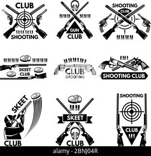 Retro weapons, shooting vector labels, emblems, badges, logos. Shooting ...