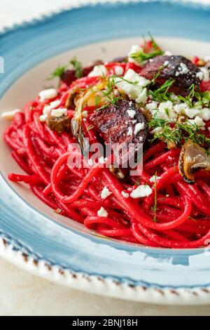 Beet Spaghetti Pasta with Beetroot Slices, Feta Cheese, Walnut and Dill ...