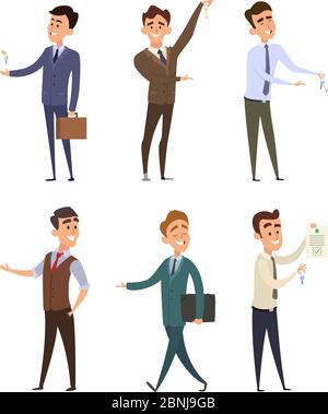 A real estate agent cartoon character, set of two poses. Beautiful ...