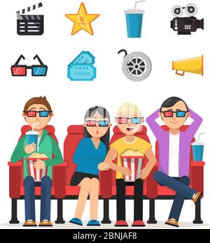 Cartoon cinema characters. Funny popcorn, cinema tickets and 3D movie ...