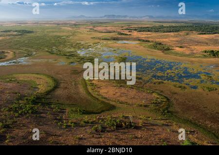 Aerial view of Rupununi river, Rupununi savanna, Guyana, South America ...