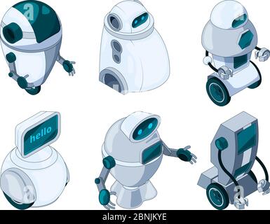 Isometric robot assistant set robots help humans in daily routine tasks and in specific complex ...
