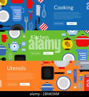 Modern kitchen horizontal banners with furniture appliances and ...