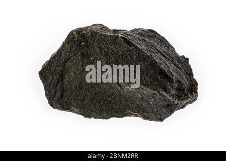 Basalt, extrusive igneous volcanic rock specimen on white background ...