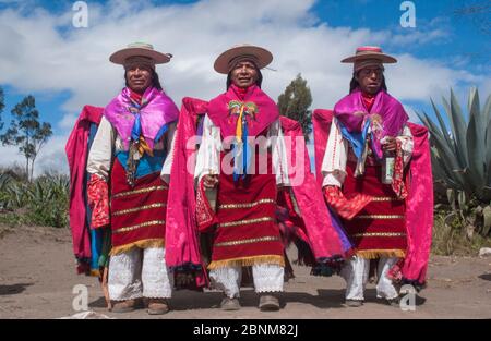 Indigenous Salasaca Indians in traditional masks and headdresses ...