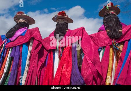 Indigenous Salasaca Indians in traditional masks and headdresses ...