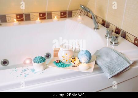 Blue bath bomb on towel background, close up view Stock Photo - Alamy