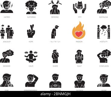 Human attitude black glyph icons set on white space. Man think in ...