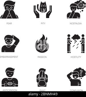 Human attitude black glyph icons set on white space. Man think in ...
