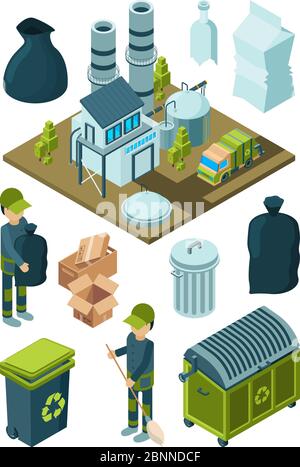 Isometric waste recycle, garbage plant, truck, industrial landfill ...