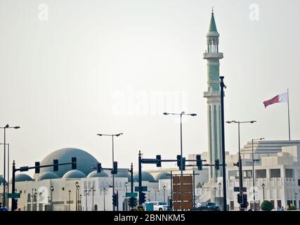 Doha: Clock tower and minaret outside the Emir's palace, Corniche ...