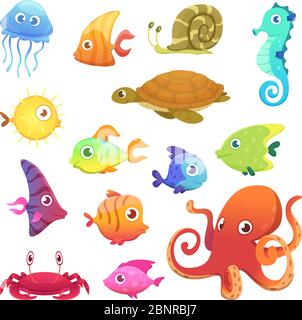 Cute sea animals, fish, octopus, jellyfish. Vector cartoon characters ...