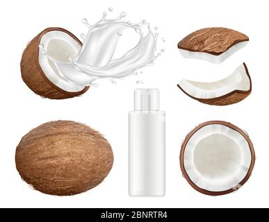 Coconut milk container Vector realistic mock up. Milk splash label ...