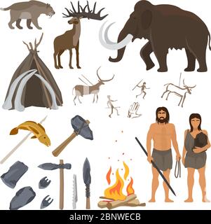 Prehistoric cave with bonfire and drawings on wall. Vector cartoon ...