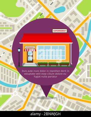 Supermarket store front pin map icon. E-commerce sign. Graph symbol for ...