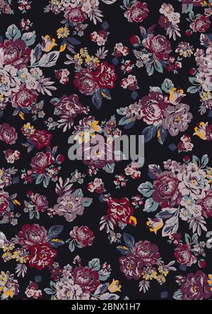 Peony flowers seamless pattern with black leaves. Floral background ...