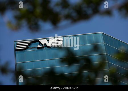 A logo sign outside of the headquarters of The Norfolk Southern Railway ...