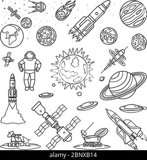 Doodle outer space cosmic icons set. Planets, constellation, spacecraft ...