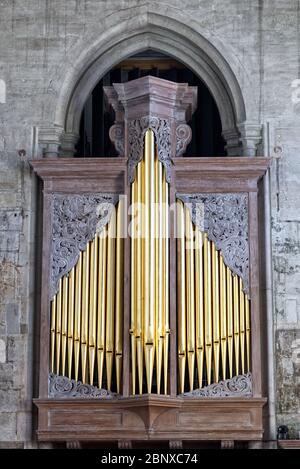 Traditional church organ in the 13th century church of St James in the ...