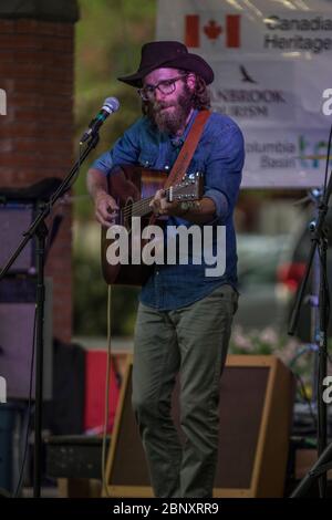 Bearded folk singer performing at oudoor concert. Singing and playing ...