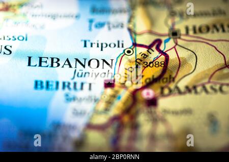 Lebanon on atlas world map Stock Photo - Alamy