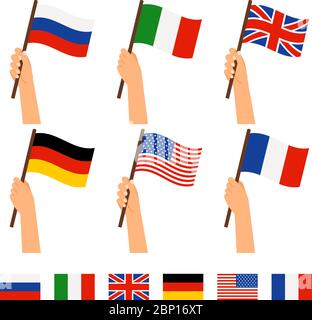 Set of hands holding and raising flags of different countries ...