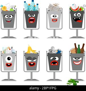Garbage cans with faces vector illustration. Waste dustbin set with ...