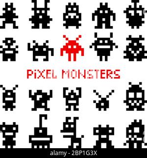 Pixel art invaders silhouette. Space invader monster game, pixels ...