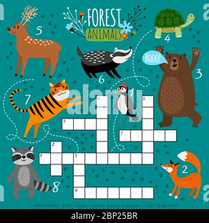Vector crossword puzzle with forest animals. Bright and colorful quiz ...