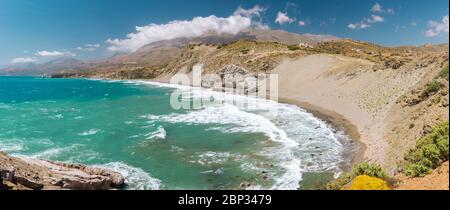 Tourism in Greece. The coast of Rethymno town with the long sandy beach ...