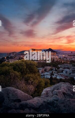 Athens skyline sunrise with cloud viewed from mountain top, Greece ...