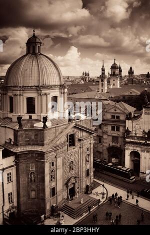 Prague skyline rooftop view with church and dome in Czech Republic at ...
