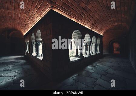 Hallway in Romanesque monastery in village in Pueblo Espanol Barcelona ...