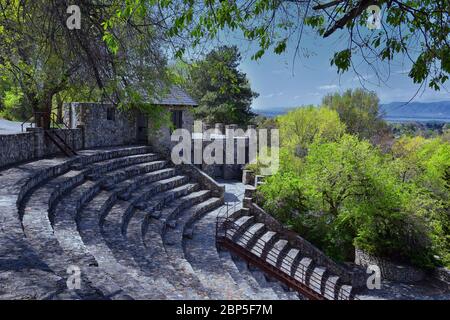 Amphitheater ruins with castle like tourettes made of stone and rock ...