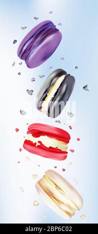 Collection colorful macaroon in motion isolated on blue background ...