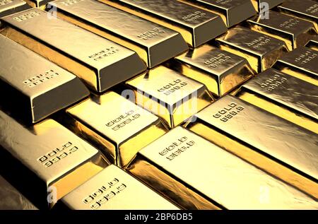 A stack of solid gold ingots on an isolated dark background - 3D render ...