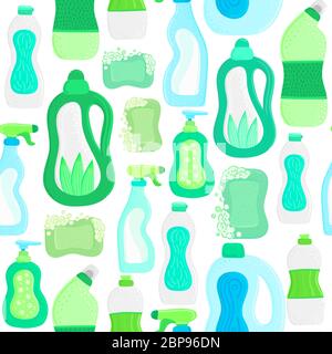 Seamless pattern. Eco friendly household cleaning supplies and leaves ...