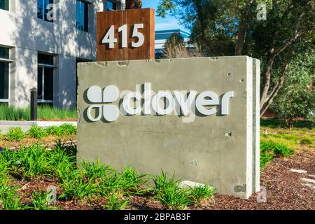 Clover logo at Clover Network headquarters campus. Clover is a cloud ...