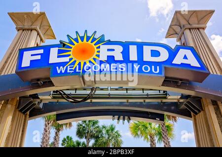 Florida Welcome Center sign on the highway I-10 north of Pensacola ...