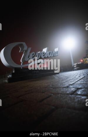 Cleveland Script Sign during heavy Fog Stock Photo - Alamy
