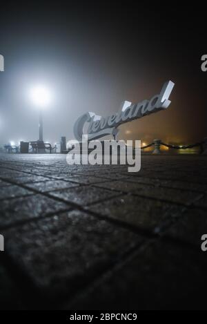 Cleveland Script Sign during heavy Fog Stock Photo - Alamy