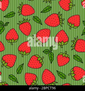 Strawberry seamless pattern. Handdrawn berries flowers, leaves endless ...