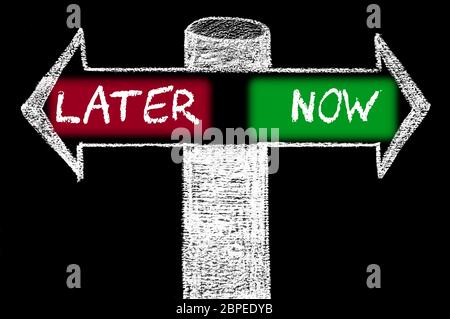 Opposite arrows with Later versus Now. Hand drawing with chalk on ...